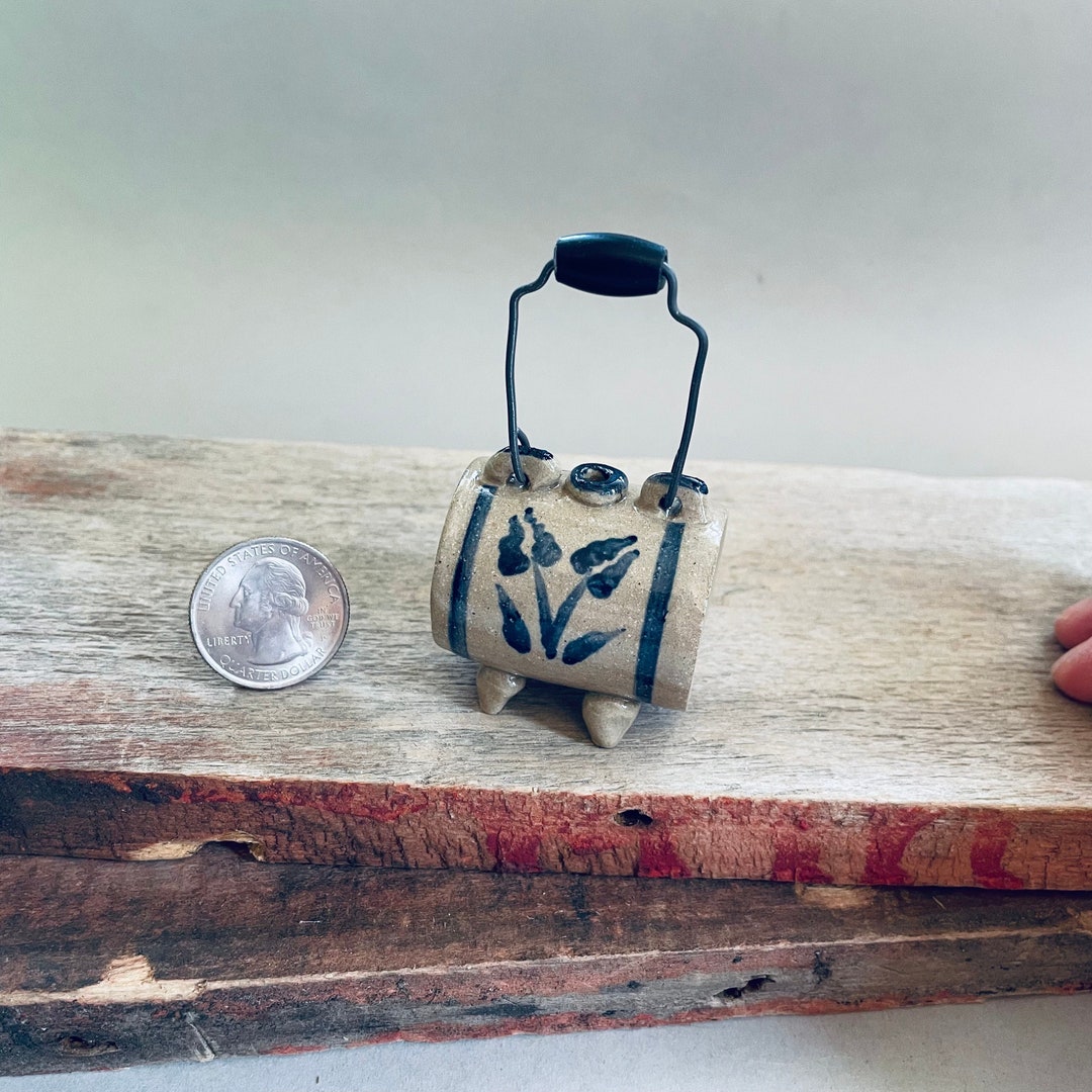 Handcrafted Miniature Stoneware Pottery Foot Warmer Crock With Cobalt ...