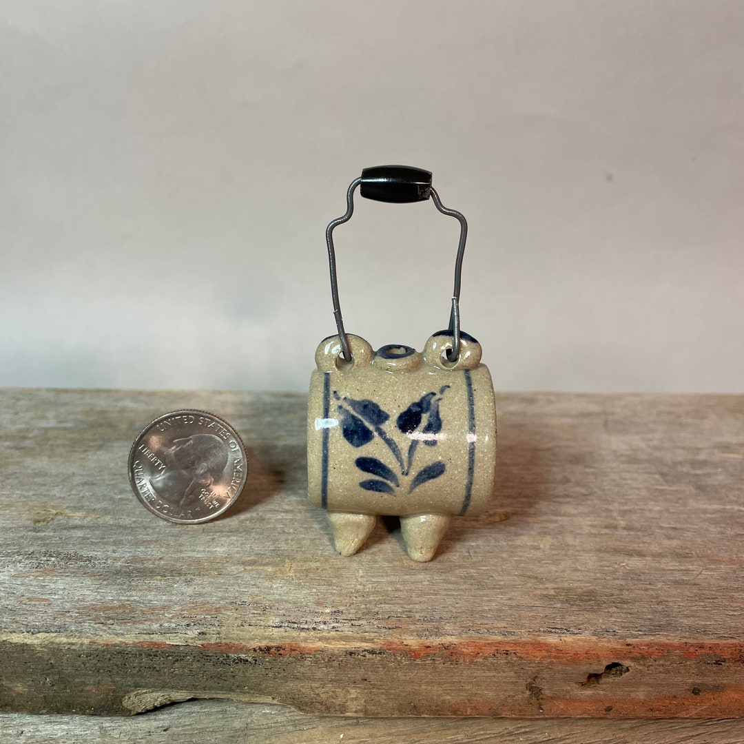 Handcrafted Miniature Stoneware Pottery Foot Warmer Crock With Cobalt ...