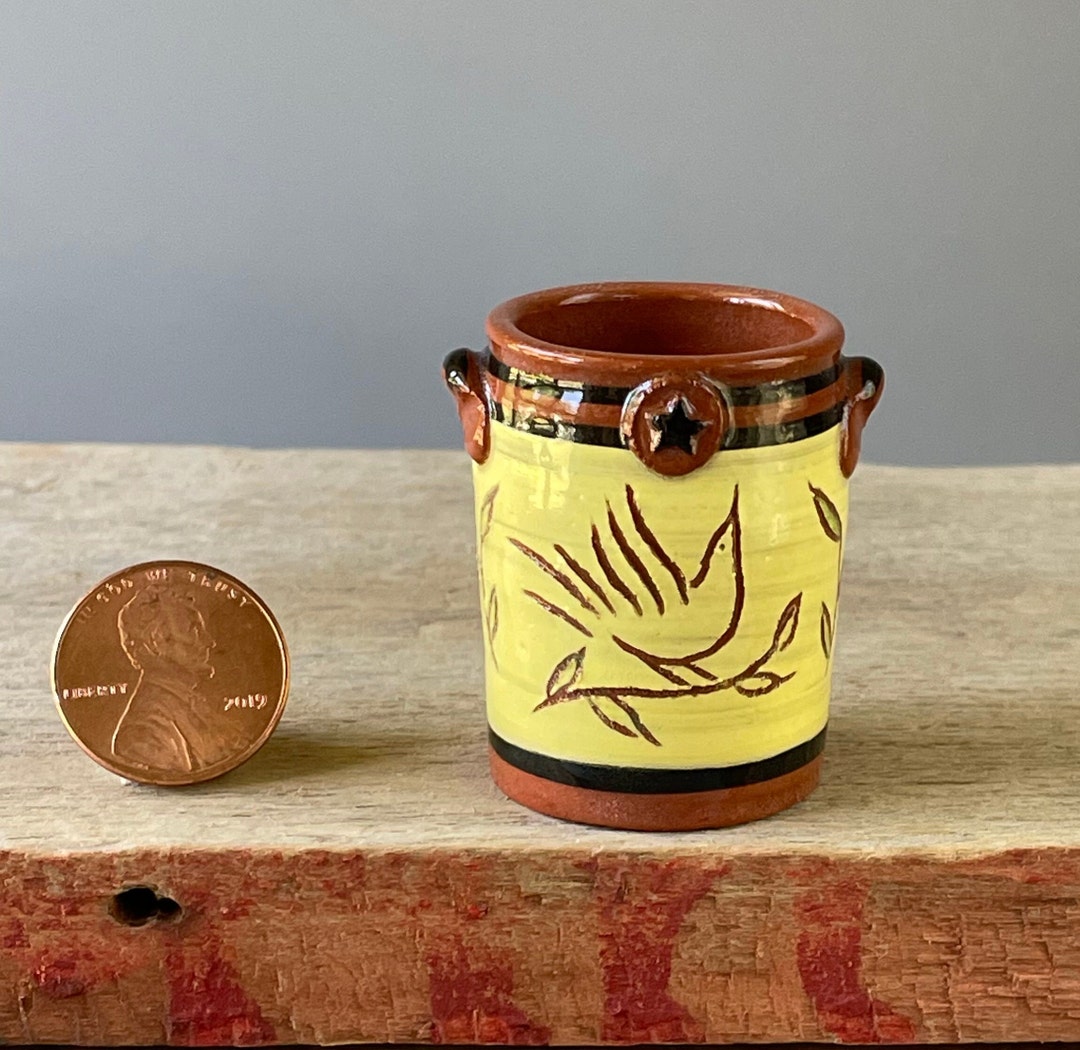 Miniature, Traditional Redware Earthenware Crock With Primitive Bird of ...
