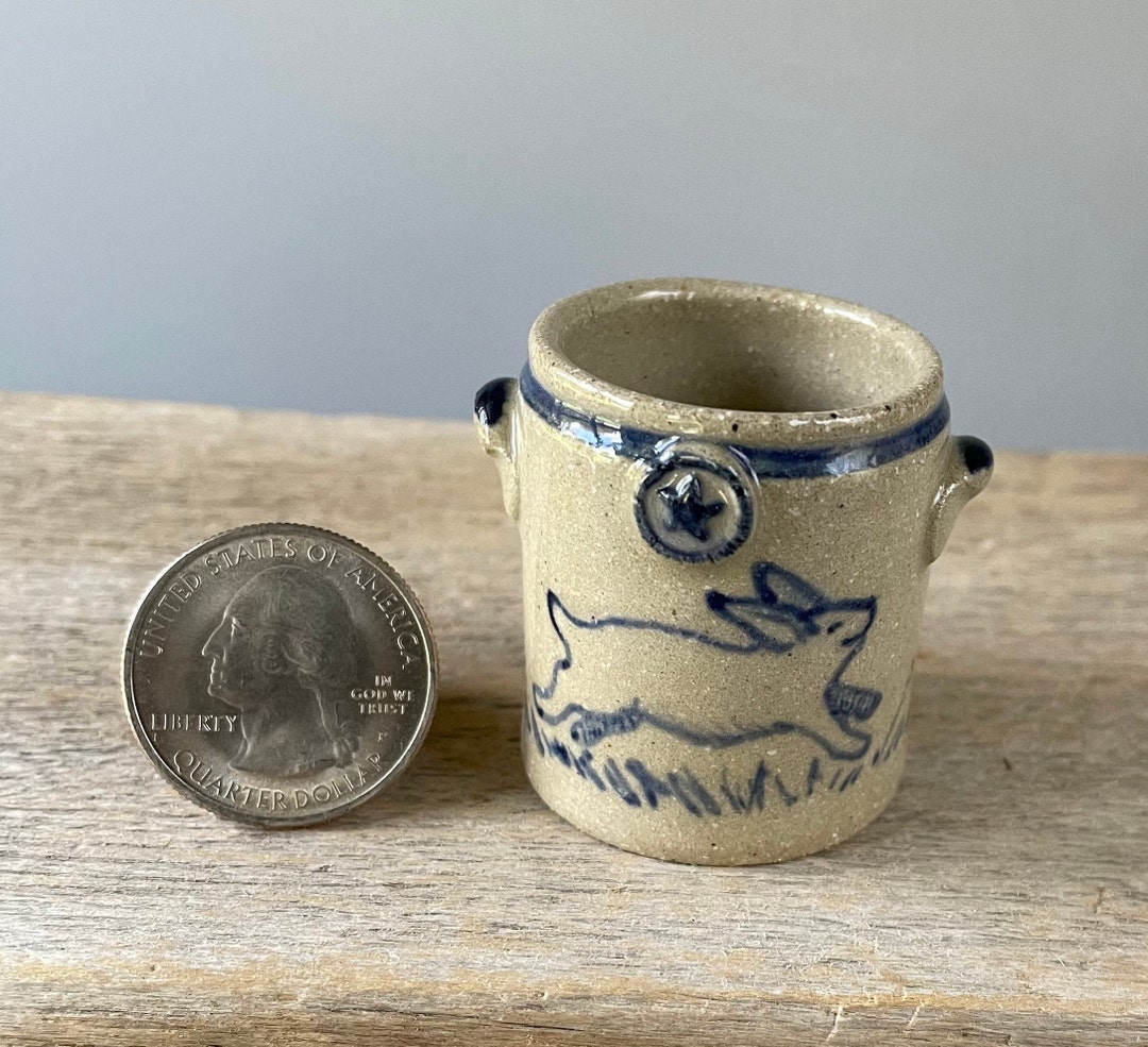 Handmade, Miniature Antique Replica Stoneware Pottery Crock-cobalt Blue ...