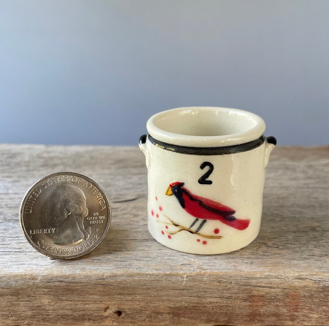 Handmade, Miniature Stoneware Pottery Crock-red Cardinal With Lug ...