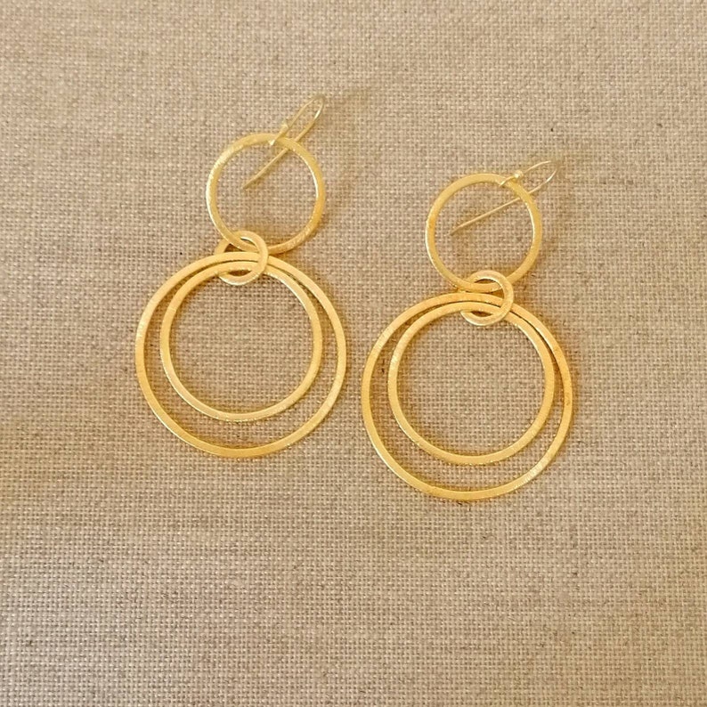 Gold Circle Earrings Brushed Gold Dangle Earrings Long Loop - Etsy