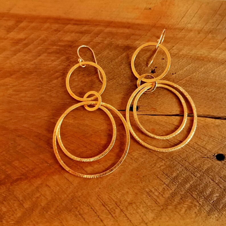 Gold Circle Earrings Brushed Gold Dangle Earrings Long Loop - Etsy
