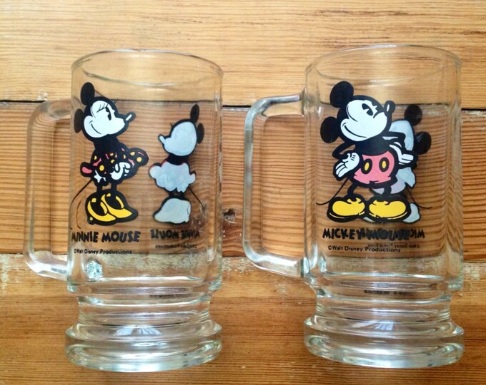 Vintage Walt Disney Mickey & Minnie Mouse Glass Mug Set - Etsy