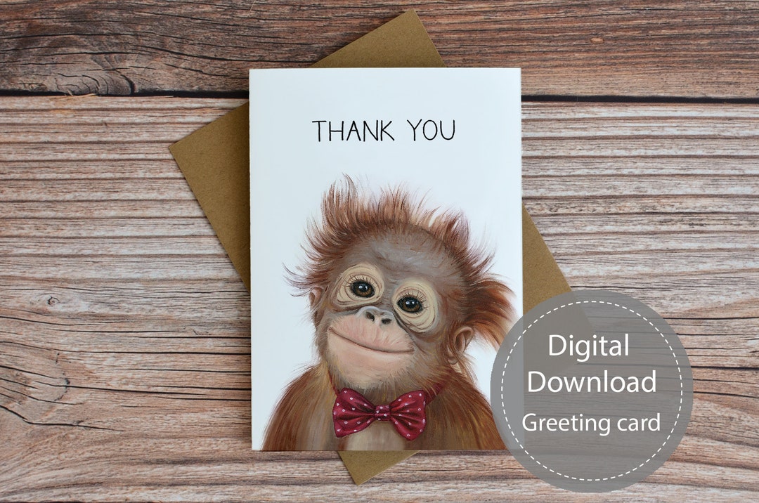 Monkey Thank You Printable Card, Monkey Greeting Card, Funny Animal ...