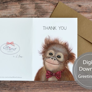 Monkey Thank You Printable Card, Monkey Greeting Card, Funny Animal ...