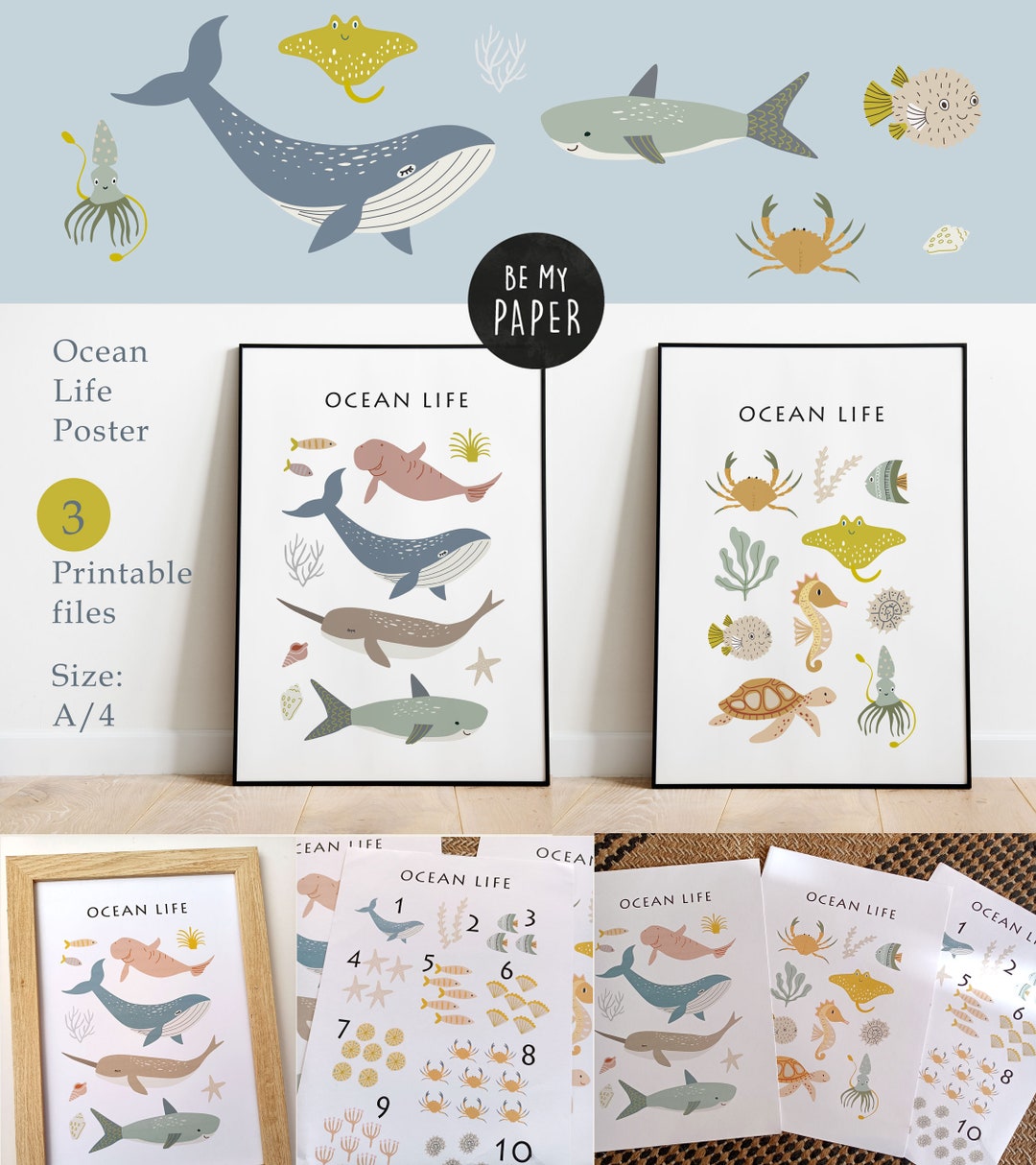 Ocean Animals Print Set, 3 Educational Prints, Classroom Posters, Home ...