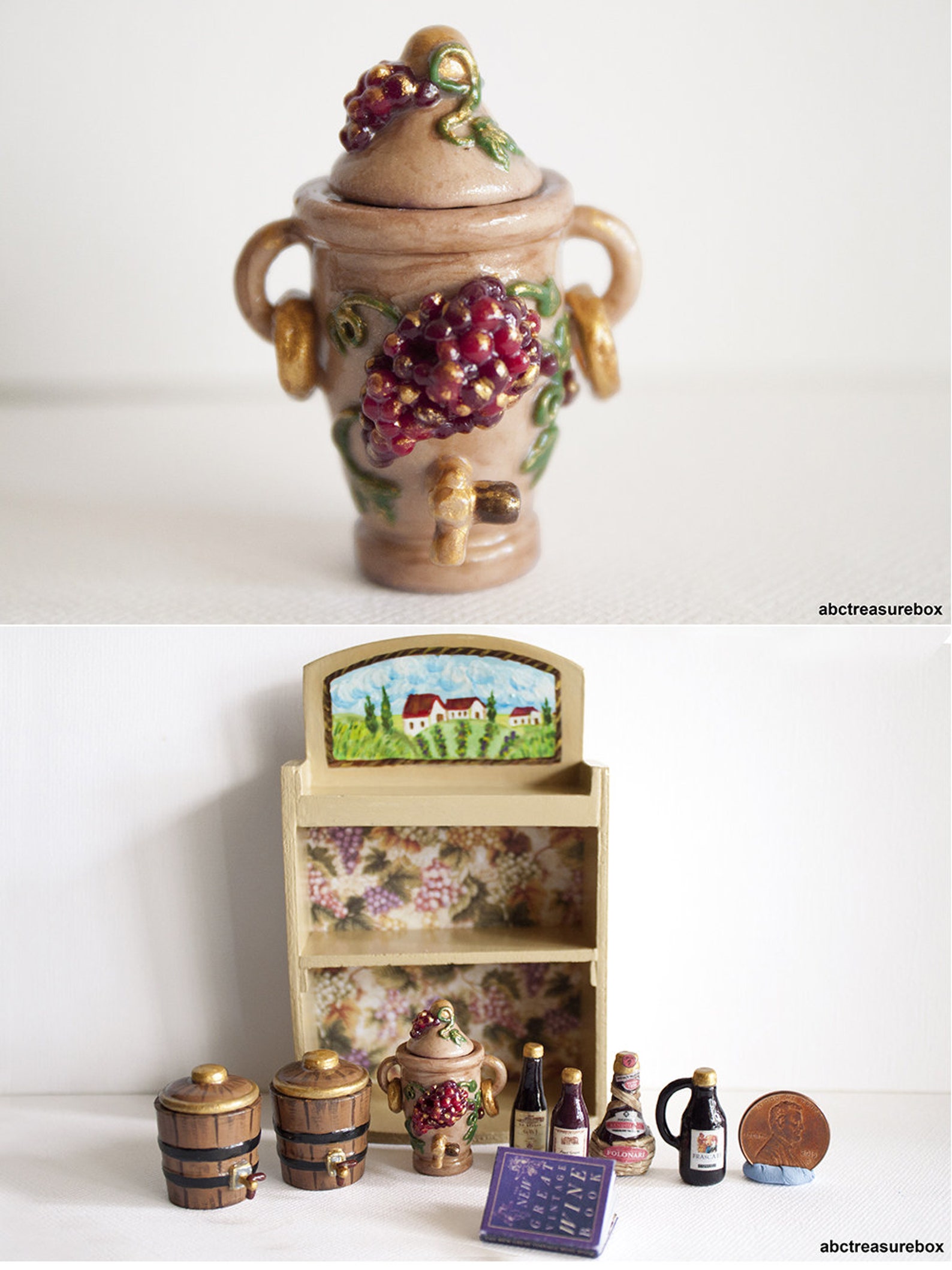Miniature Italy Grape Wine Spigot Vase, Shelf & Wine Bottles, Tuscan ...