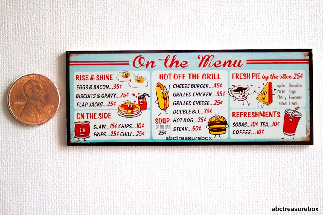 Miniature Diner Menu Board Wall Sign, Retro Style, 1:12 Scale Kitchen ...