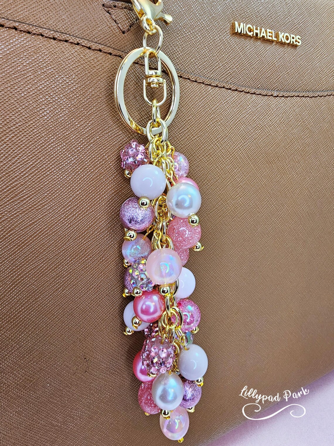 Pink Beaded Purse Charm: Rose Gold Bag Bling, Gold Chain - Etsy