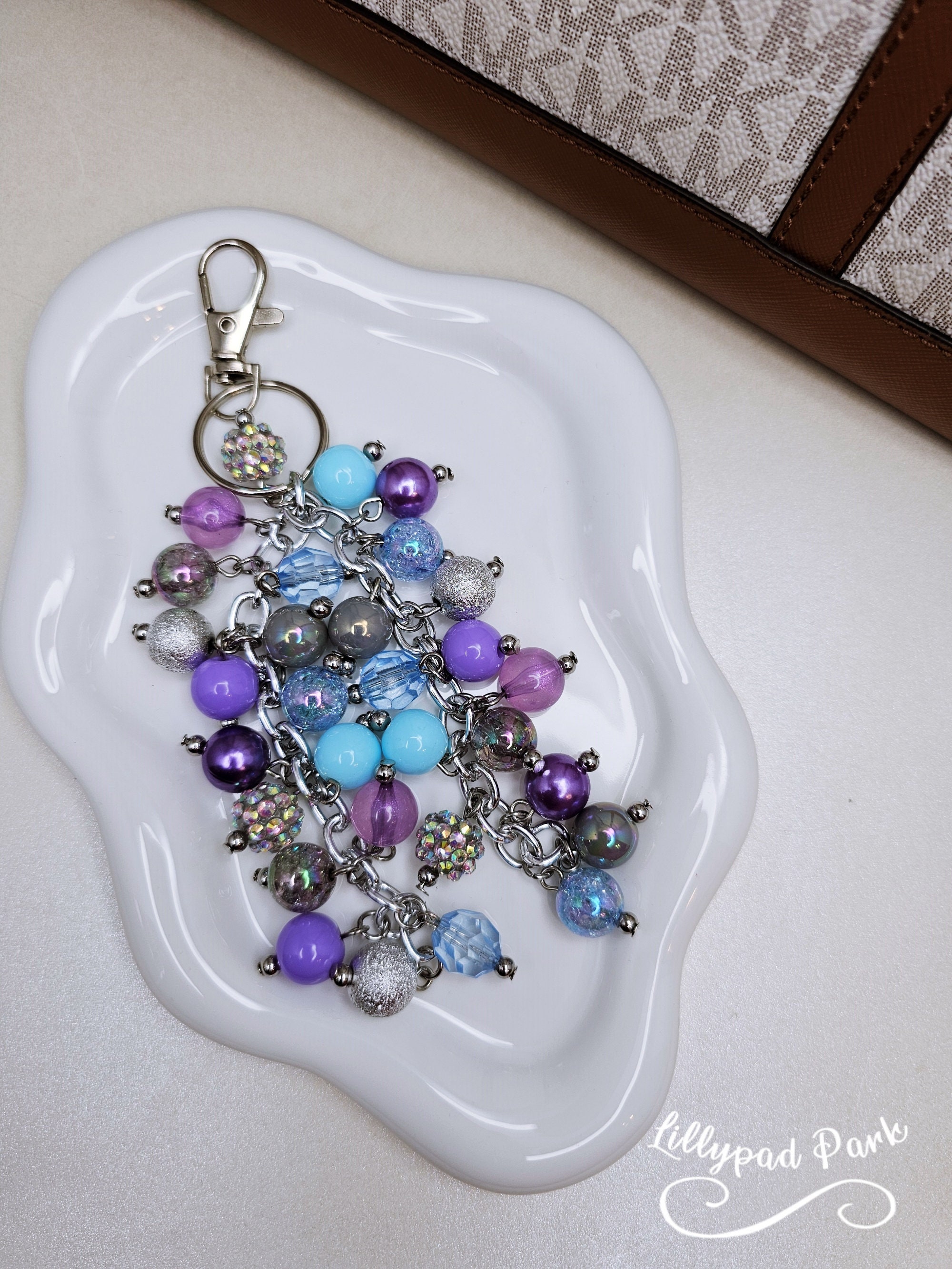 Shimmering Beaded Purse Charm: Purple, Blue & Silver Bag Accessory - Etsy