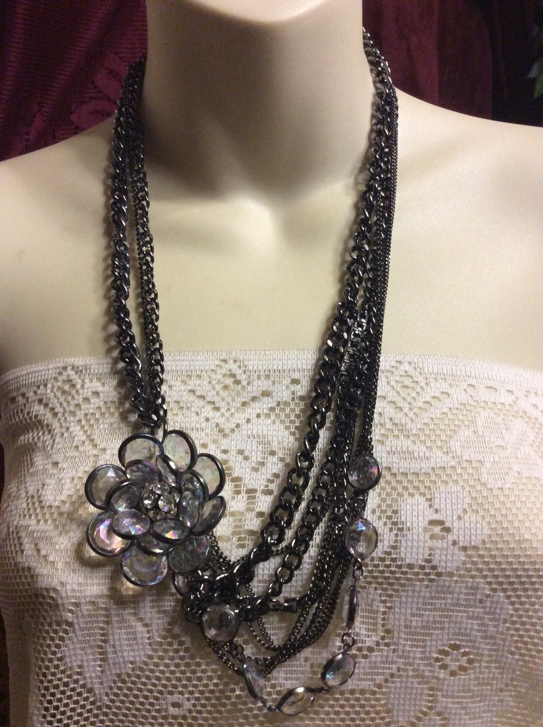 Vintage Multi Strand Blackened Chains Bezel Set Glass Rhinestones ...