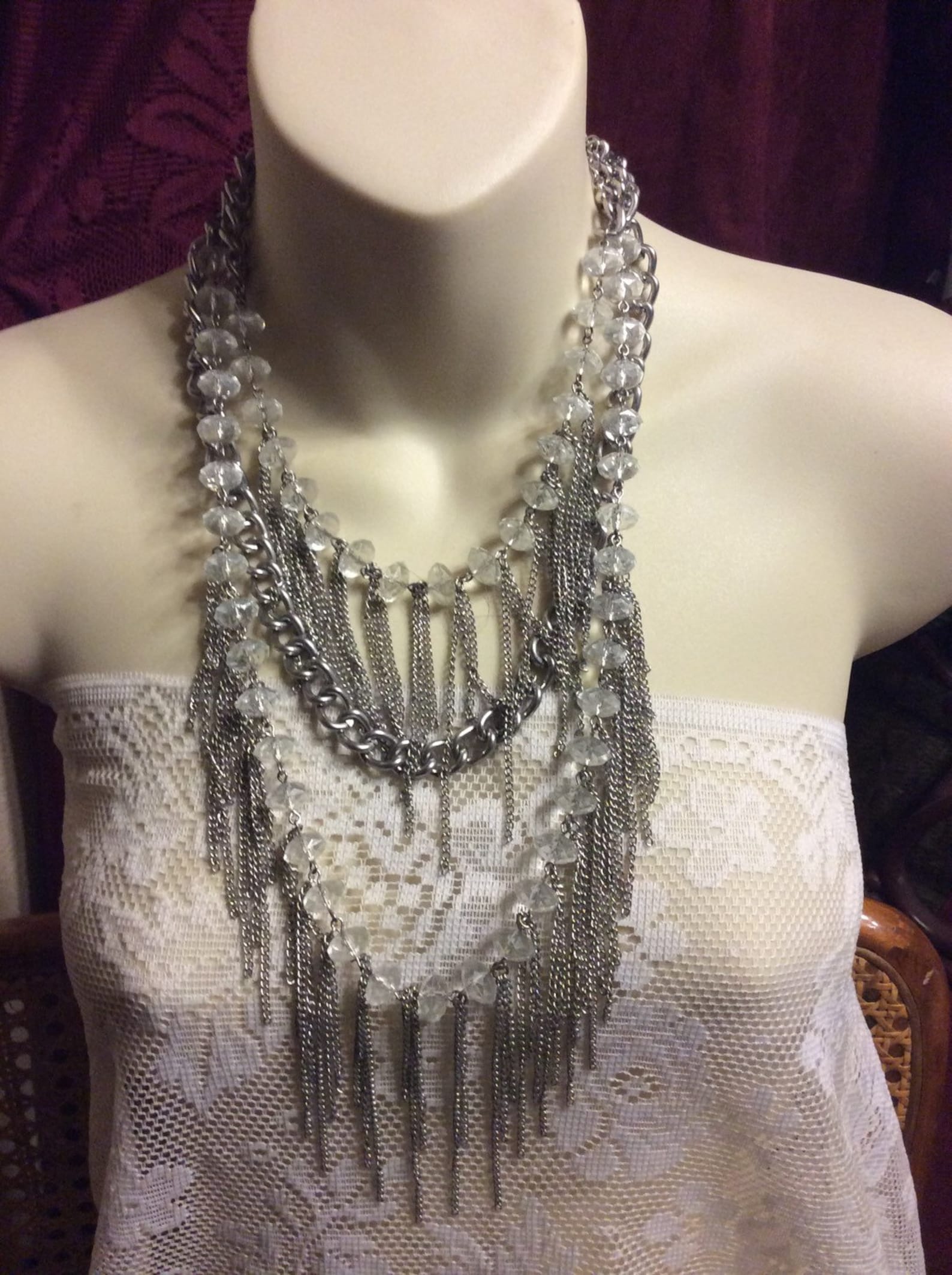 Vintage Chatelaine Chain Dangles on Faveted Acrylic Beads Multi Strand ...