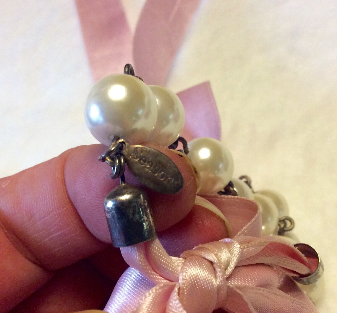 Pearl Necklace With Pink Ribbon Tie Signed Seasons - Etsy