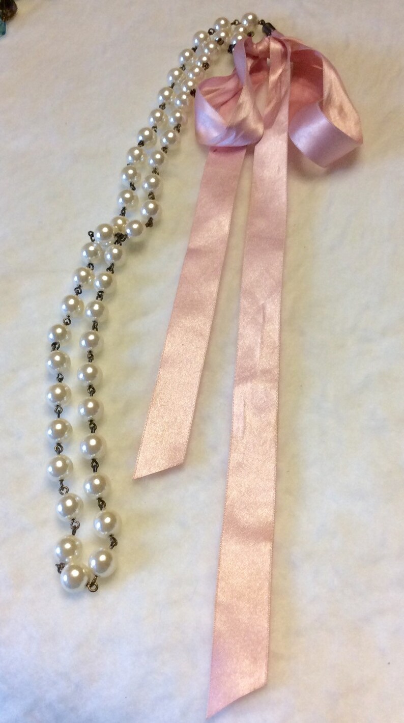 Pearl Necklace With Pink Ribbon Tie Signed Seasons - Etsy