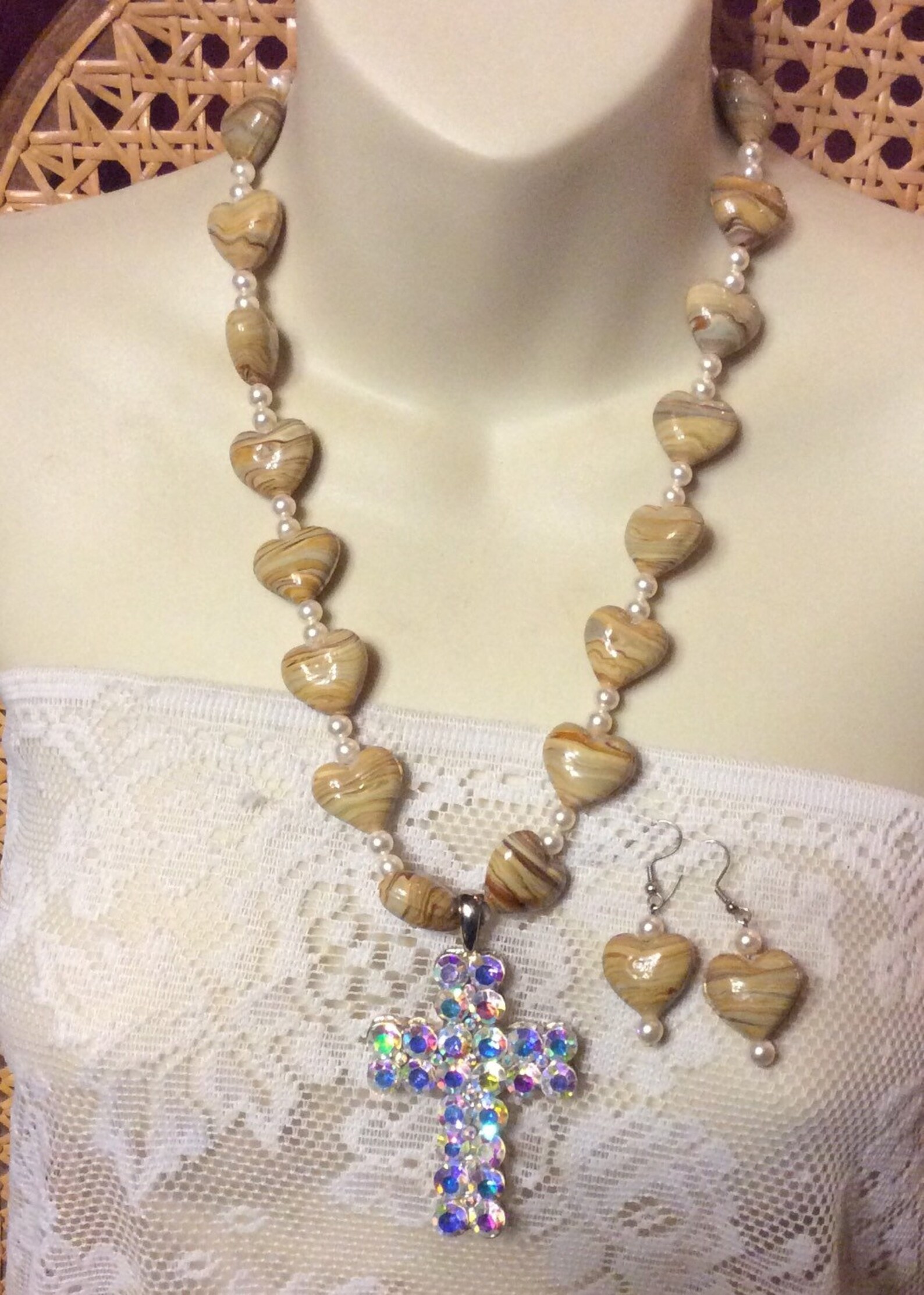 Vintage Banded Jasper Gemstone Hearts Aurora Borealis Cross Necklace ...