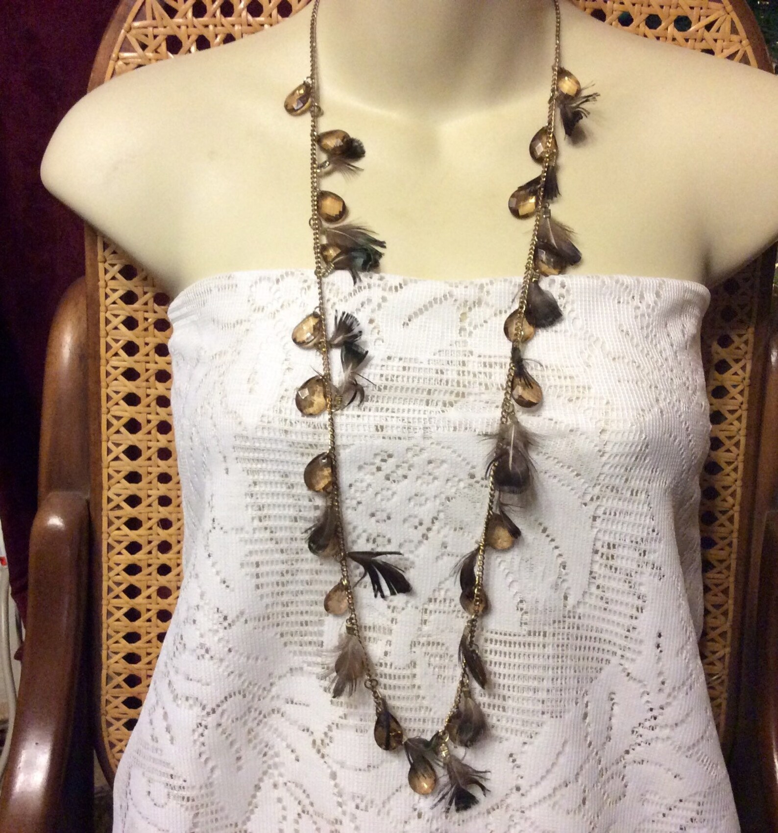 Amber Colored Faceted Acrylic Teardrop Cabochons and Feathers Necklace ...