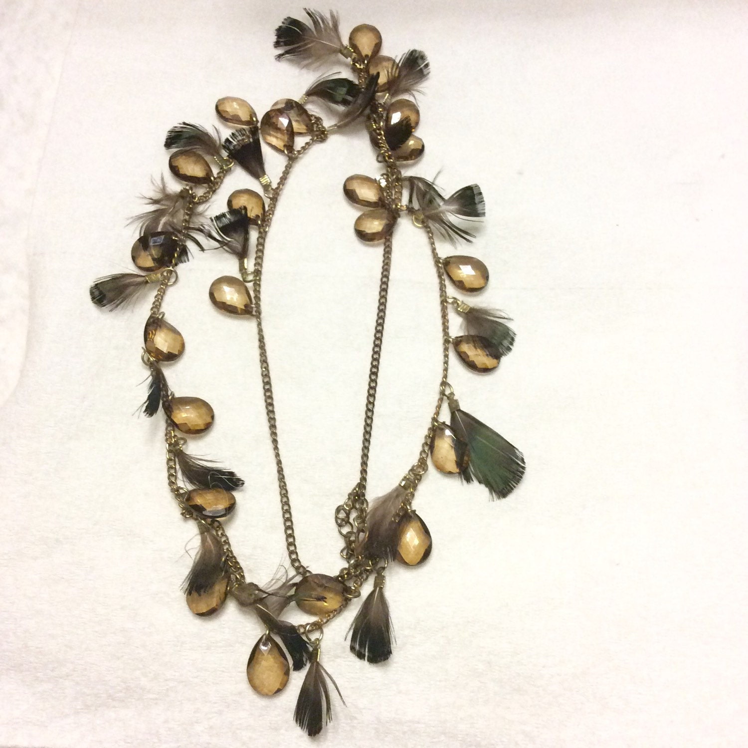 Amber Colored Faceted Acrylic Teardrop Cabochons and Feathers Necklace ...