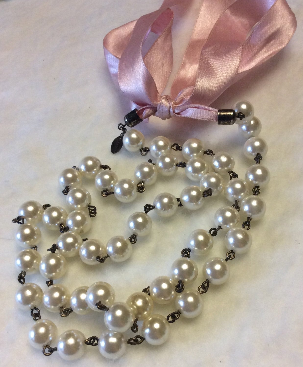 Pearl Necklace With Pink Ribbon Tie Signed Seasons - Etsy