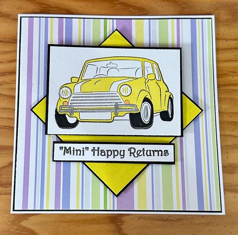 Classic Mini Cooper Birthday Card | Yellow Pastel Stripes - Etsy