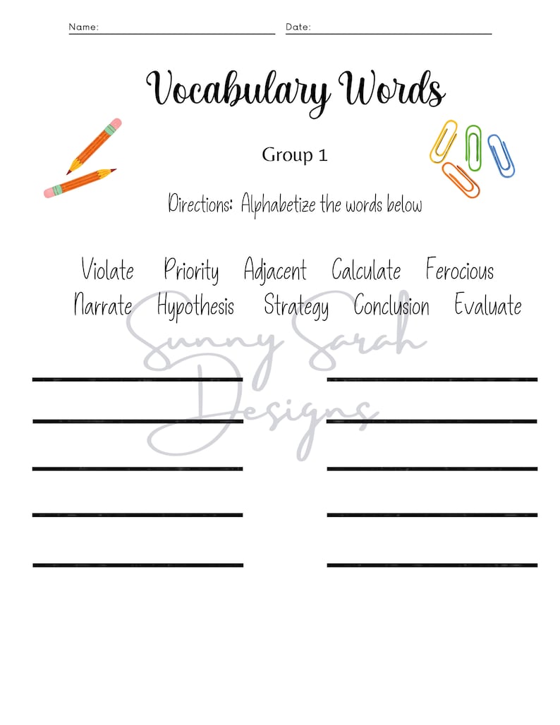 6th Grade Vocabulary Exercises Vocabulary Words -group 1 - Etsy