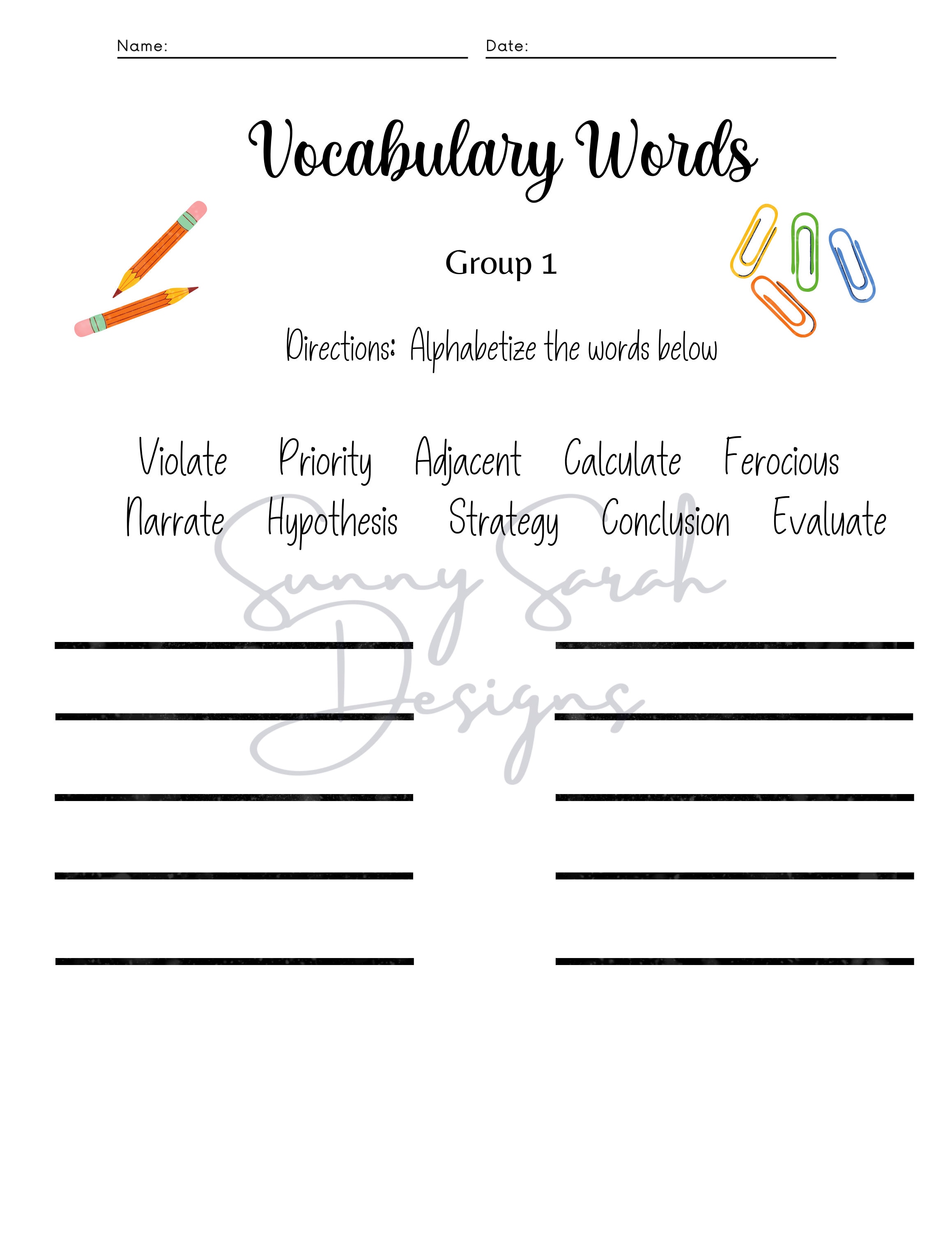 6th Grade Vocabulary Exercises Vocabulary Words -group 1 - Etsy
