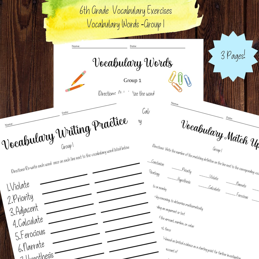 6th Grade Vocabulary Exercises Vocabulary Words -group 1 - Etsy