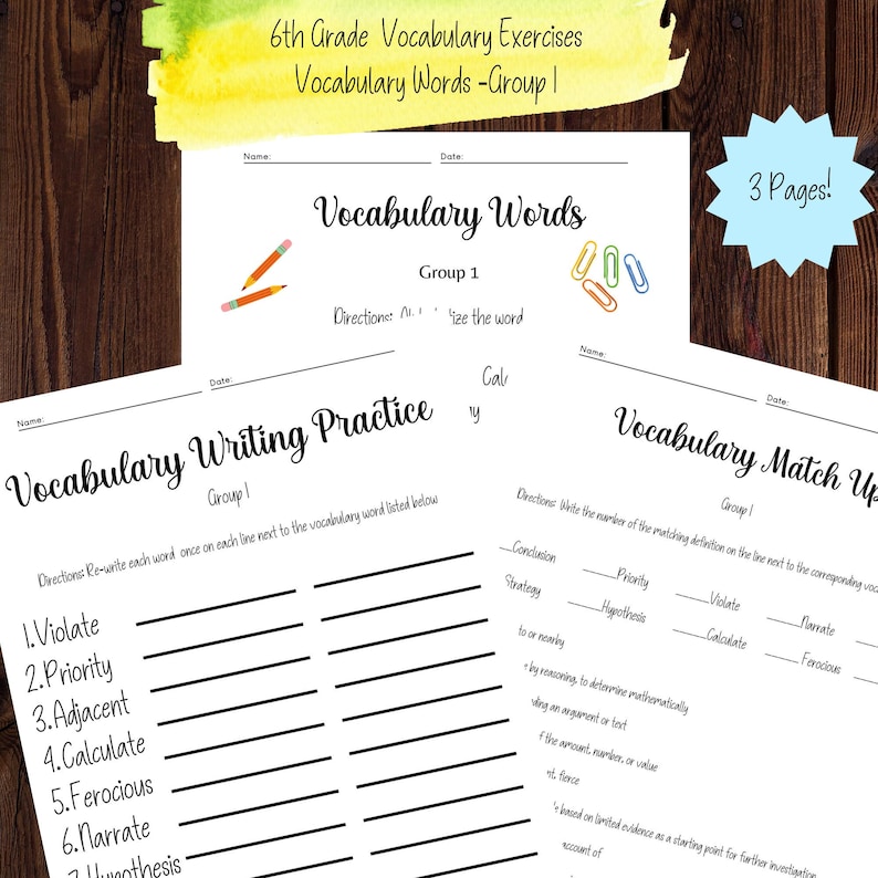 6th Grade Vocabulary Exercises Vocabulary Words -group 1 - Etsy