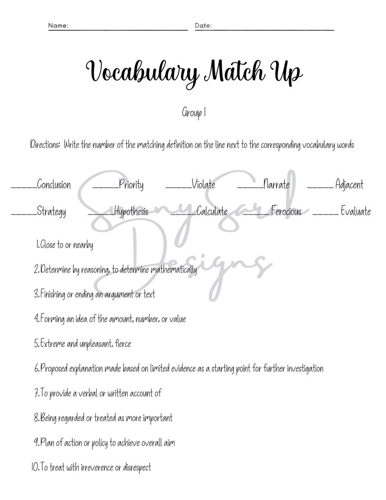 6th Grade Vocabulary Exercises Vocabulary Words -group 1 - Etsy