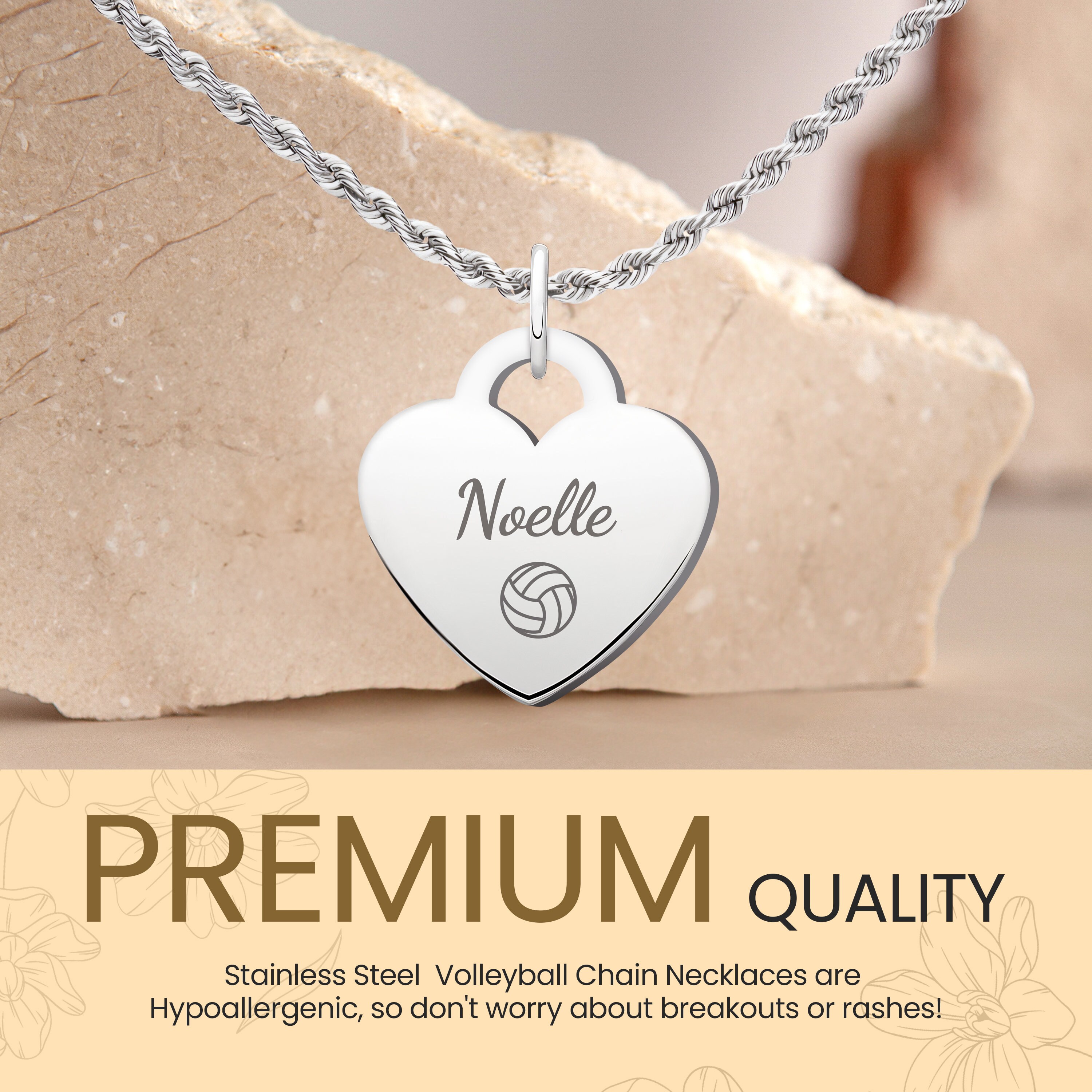 Personalized Volleyball Necklace: Stainless Steel Rope Chain, Heart ...