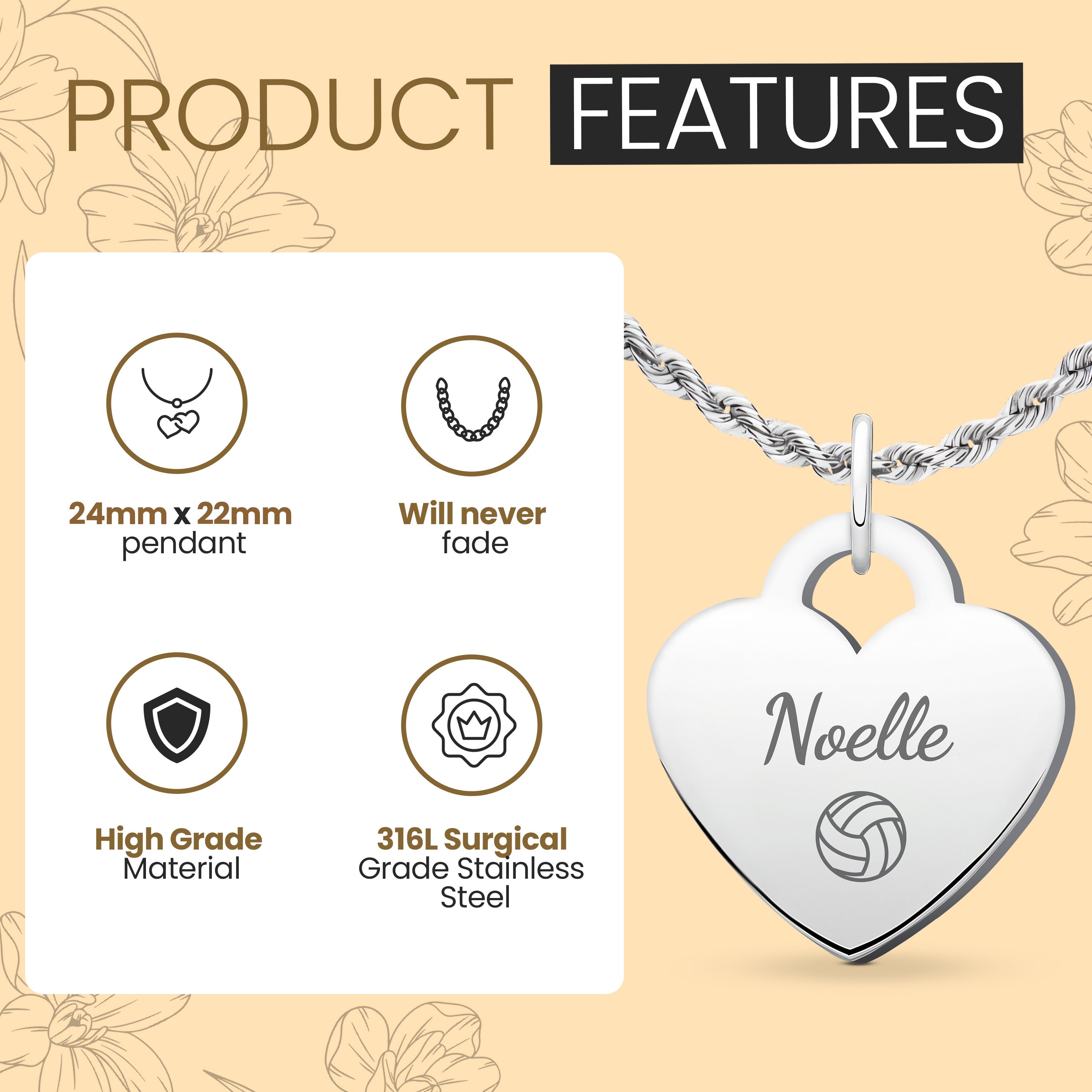Personalized Volleyball Necklace: Stainless Steel Rope Chain, Heart ...