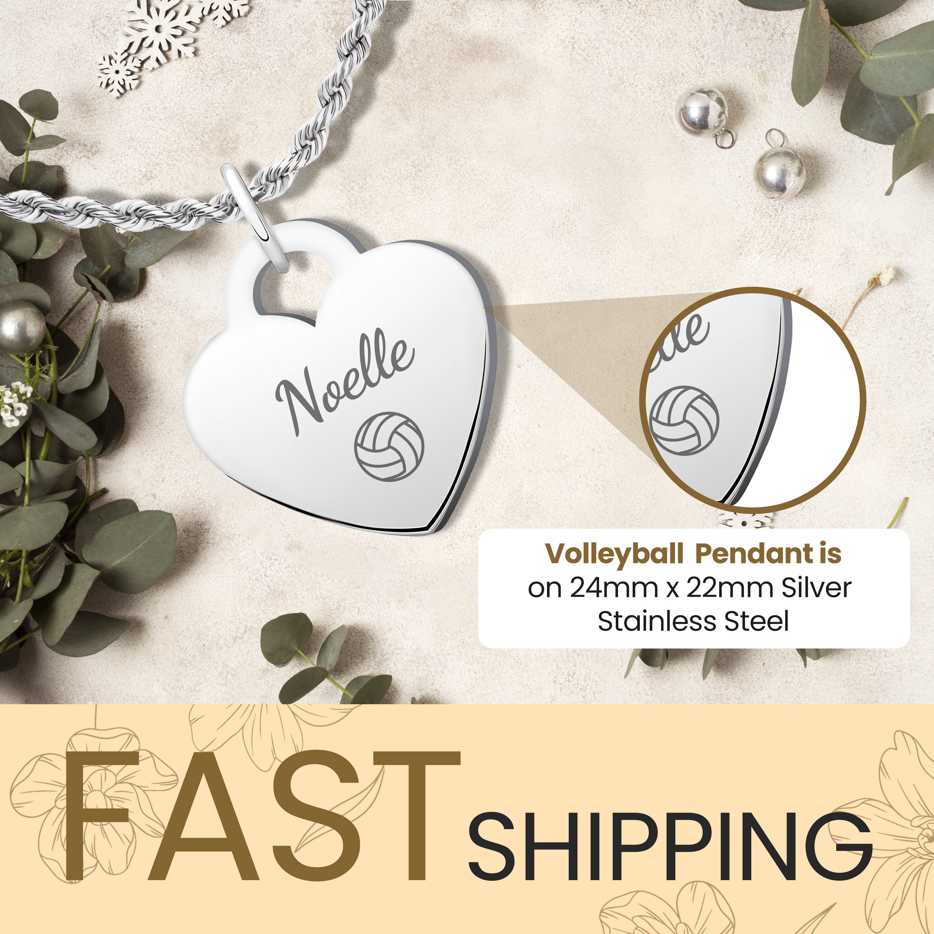 Personalized Volleyball Necklace: Stainless Steel Rope Chain, Heart ...