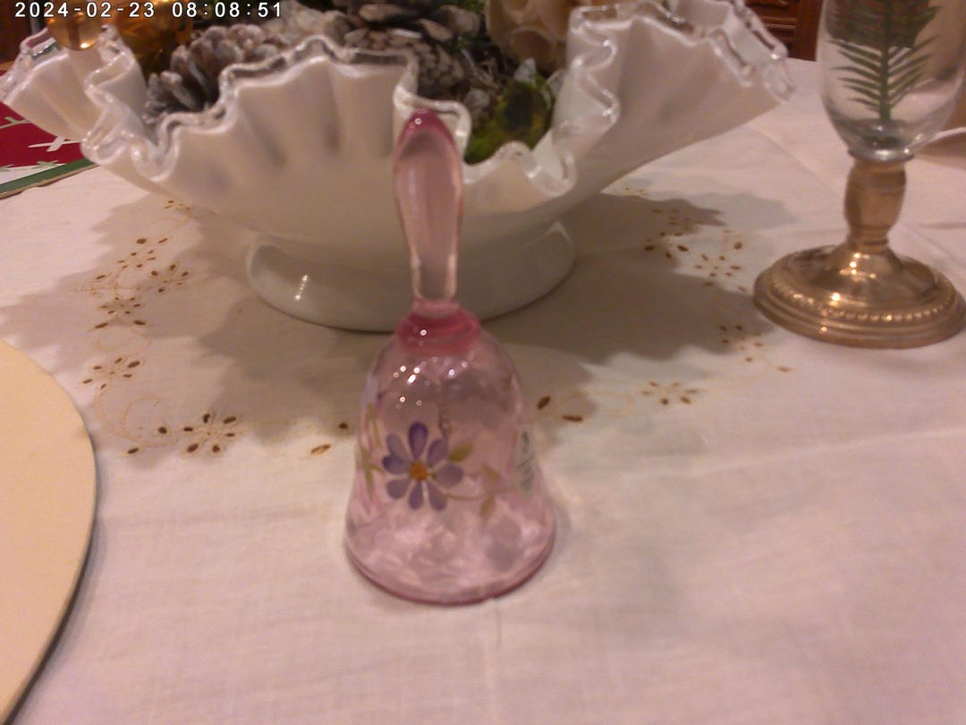 Fenton Pink Bell Blue Flower Pattern Signed D. Cutshaw - Etsy