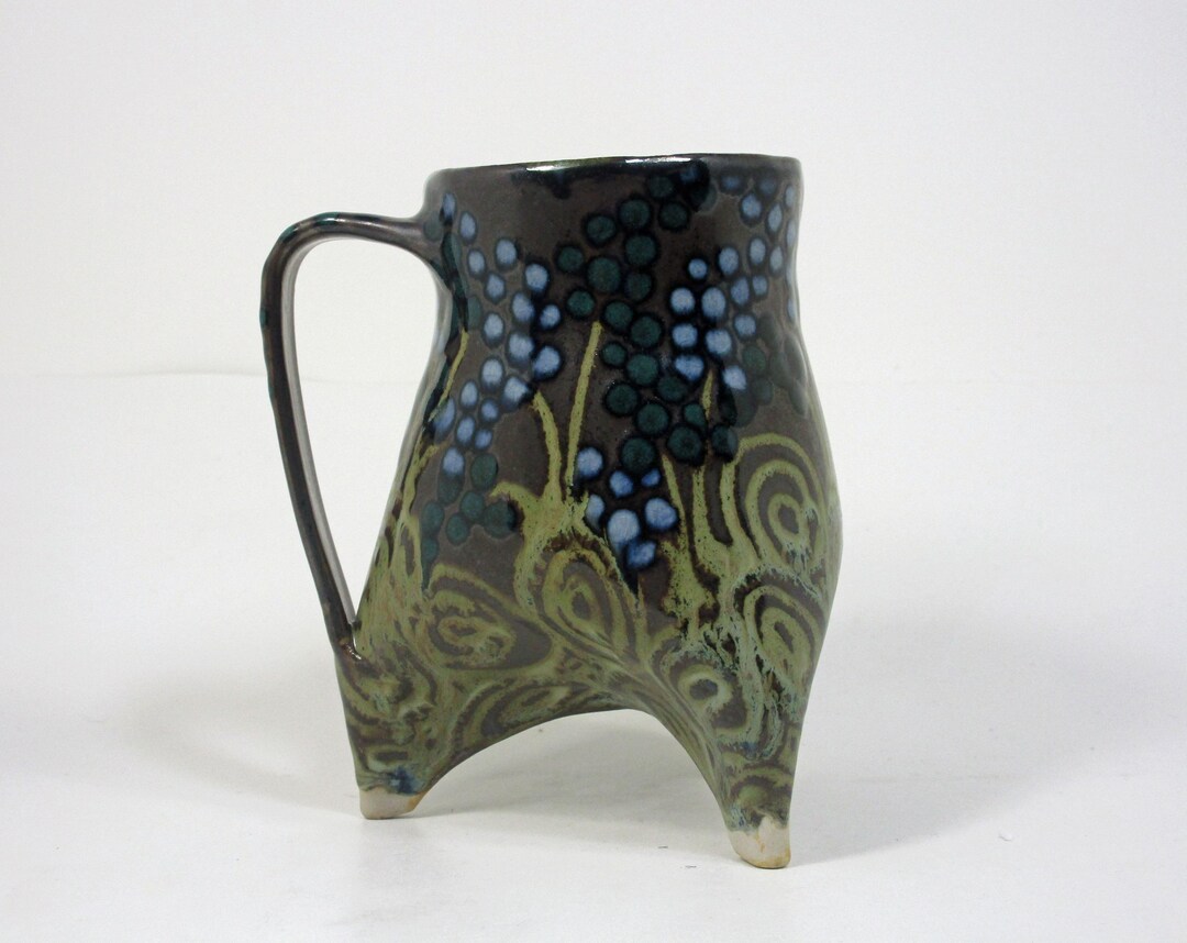 Tripod Cup in Walnut Brown With Blue and Emerald Flowers - Etsy