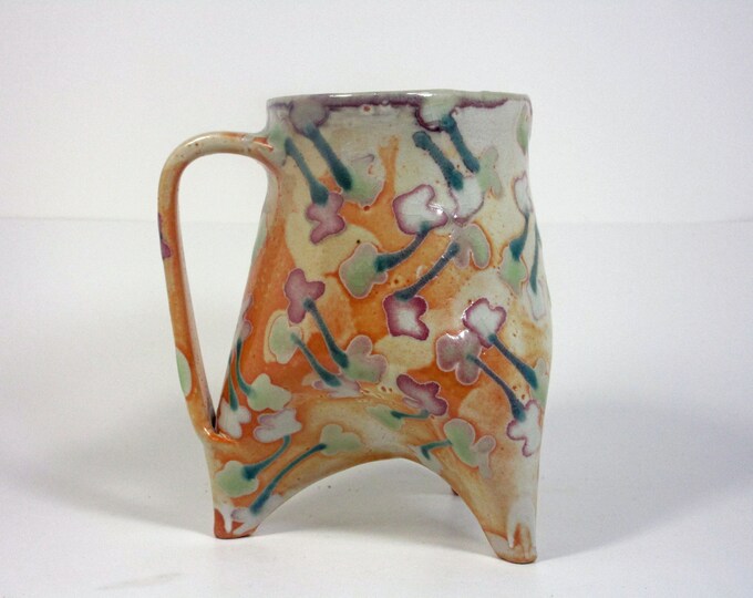 Ceramic Tripod Coffee Cup in Shino With Red and Green Flowers - Etsy