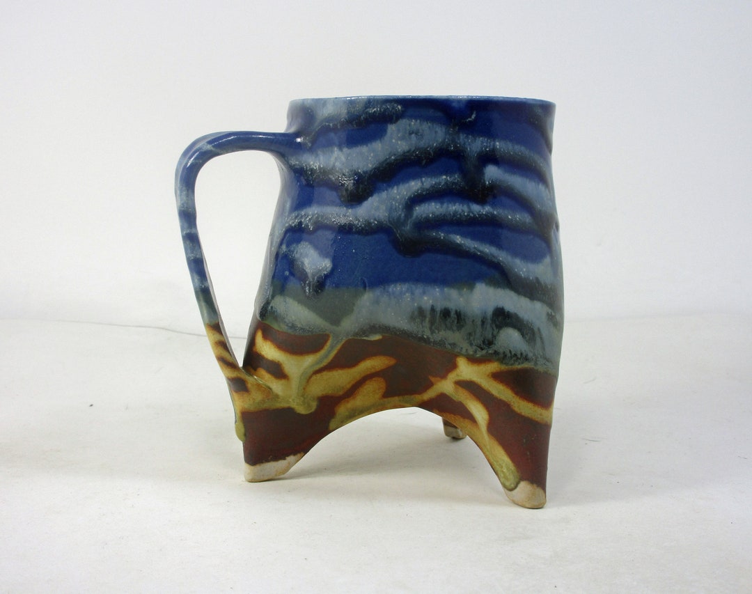 Tripod Cup in Blue and Iron Red With Lines - Etsy