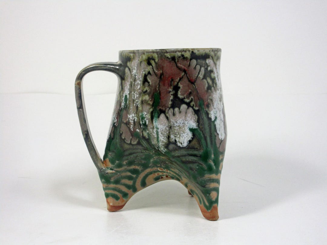 Ceramic Tripod Coffee Cup in Shino With White and Red Flowers - Etsy