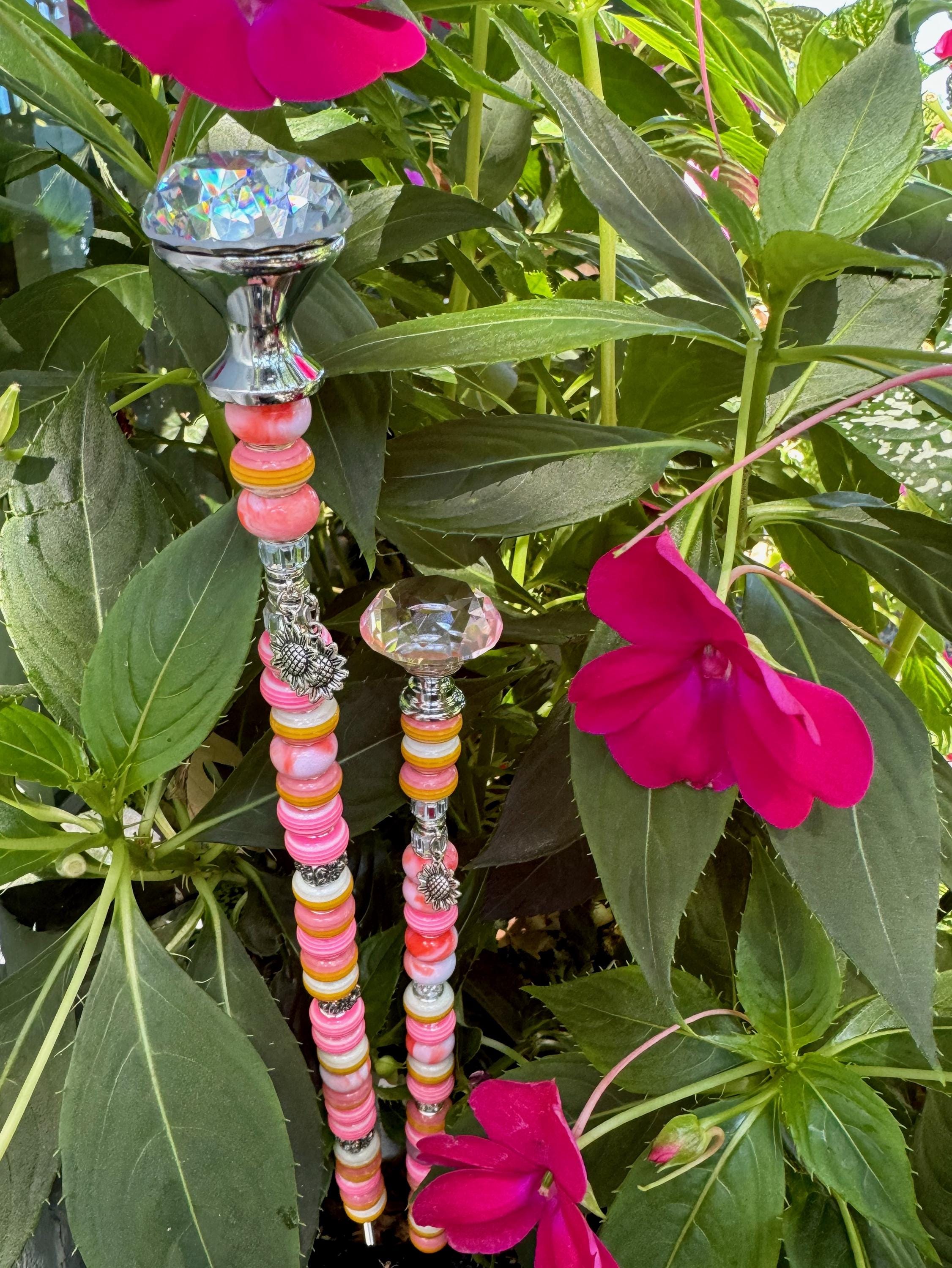 Jeweled Garden/plant Fairy Stakes; Set of Two Pink & Orange Beaded ...