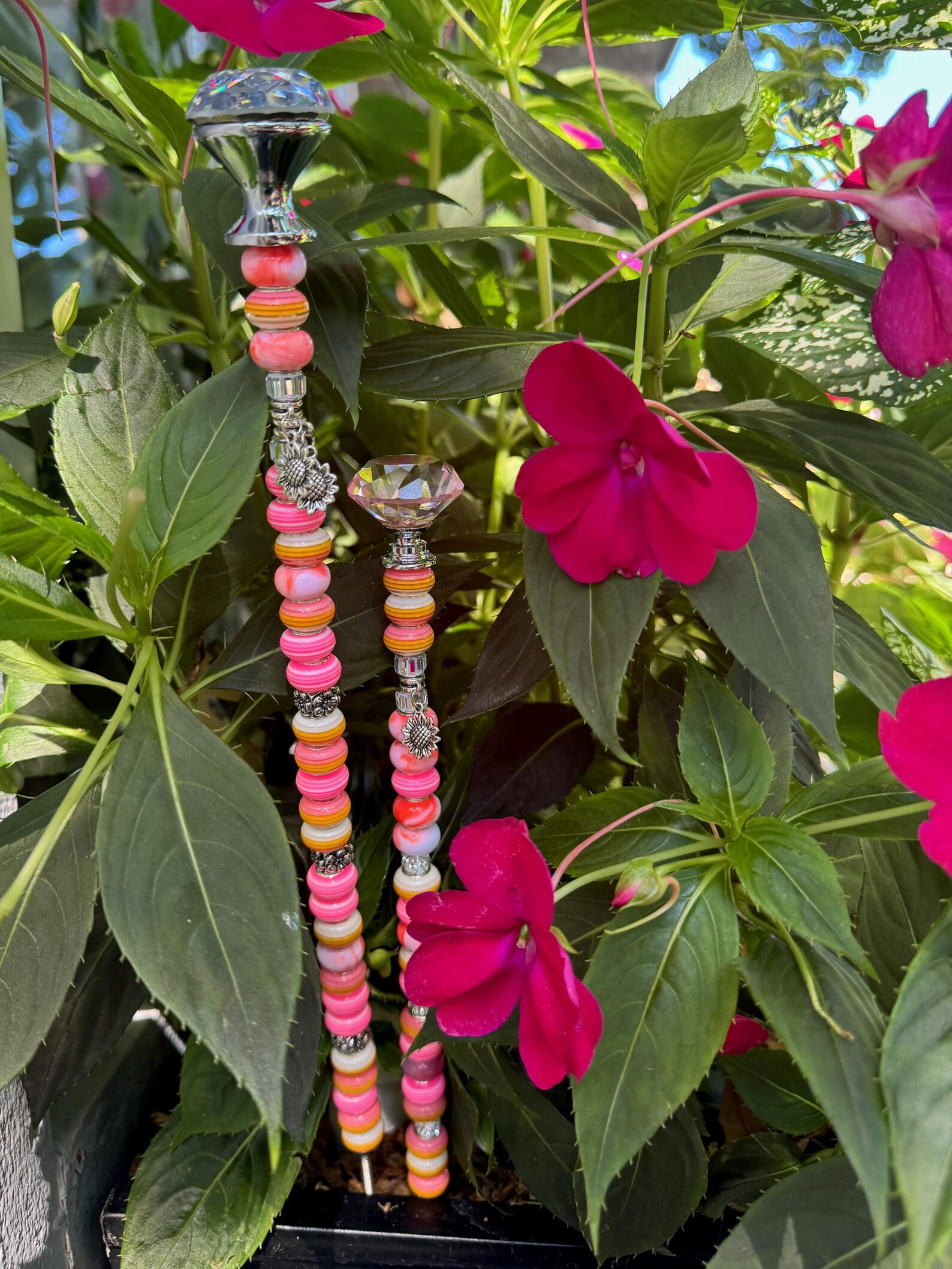 Jeweled Garden/plant Fairy Stakes; Set of Two Pink & Orange Beaded ...