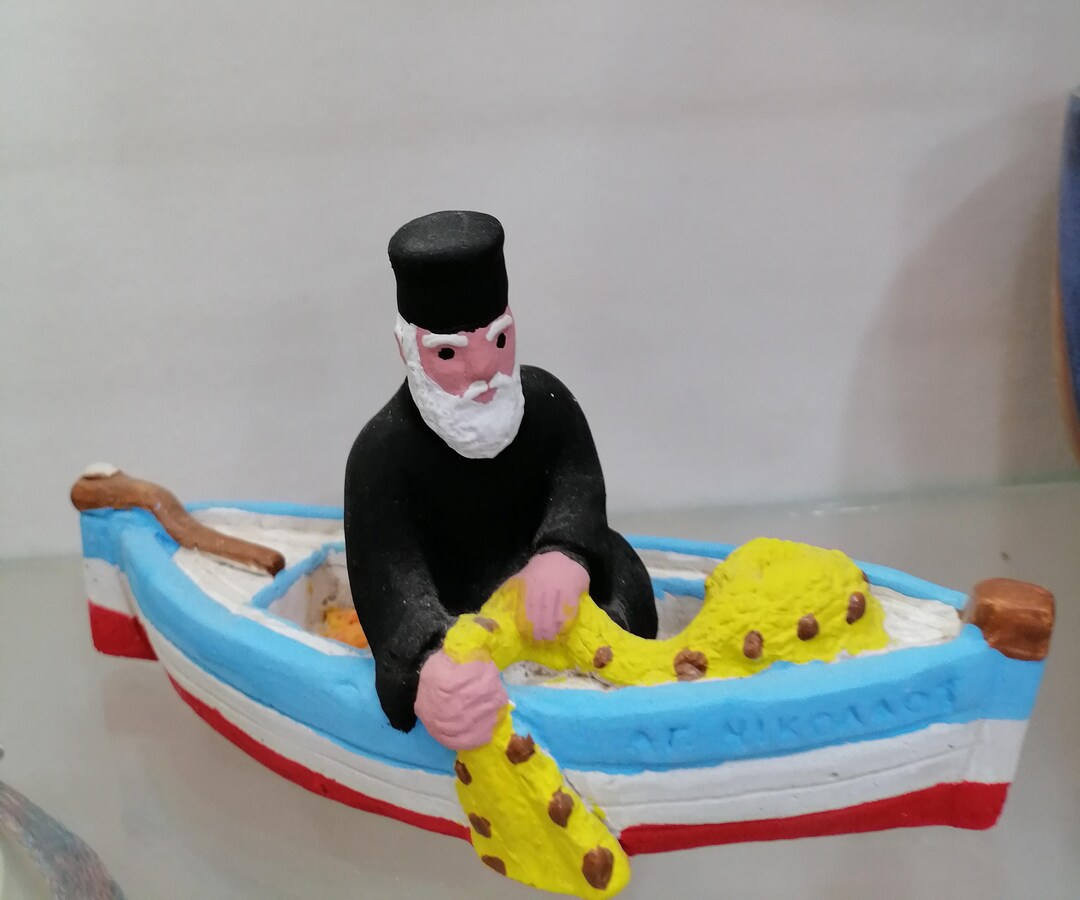 Greek Pope Fishing Ceramic Miniature Greek Figurine Priest Fishing Boat ...