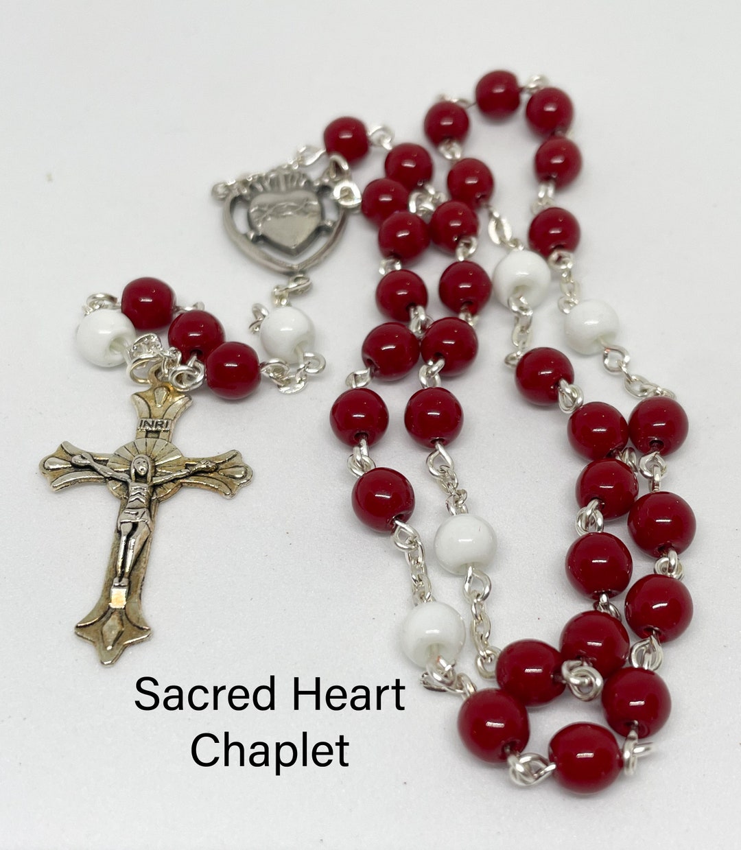 Sacred Heart Chaplet: Red & White Glass Beads, Devotional Prayer Beads ...