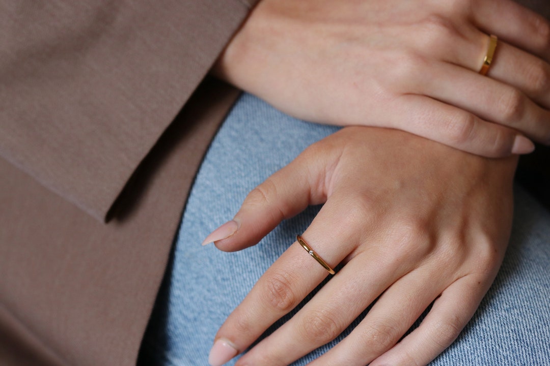 Gold Simple Minimalist Dainty Design, 18K Gold Super Thin CZ Diamond Band Ring, Stainless Steel ...