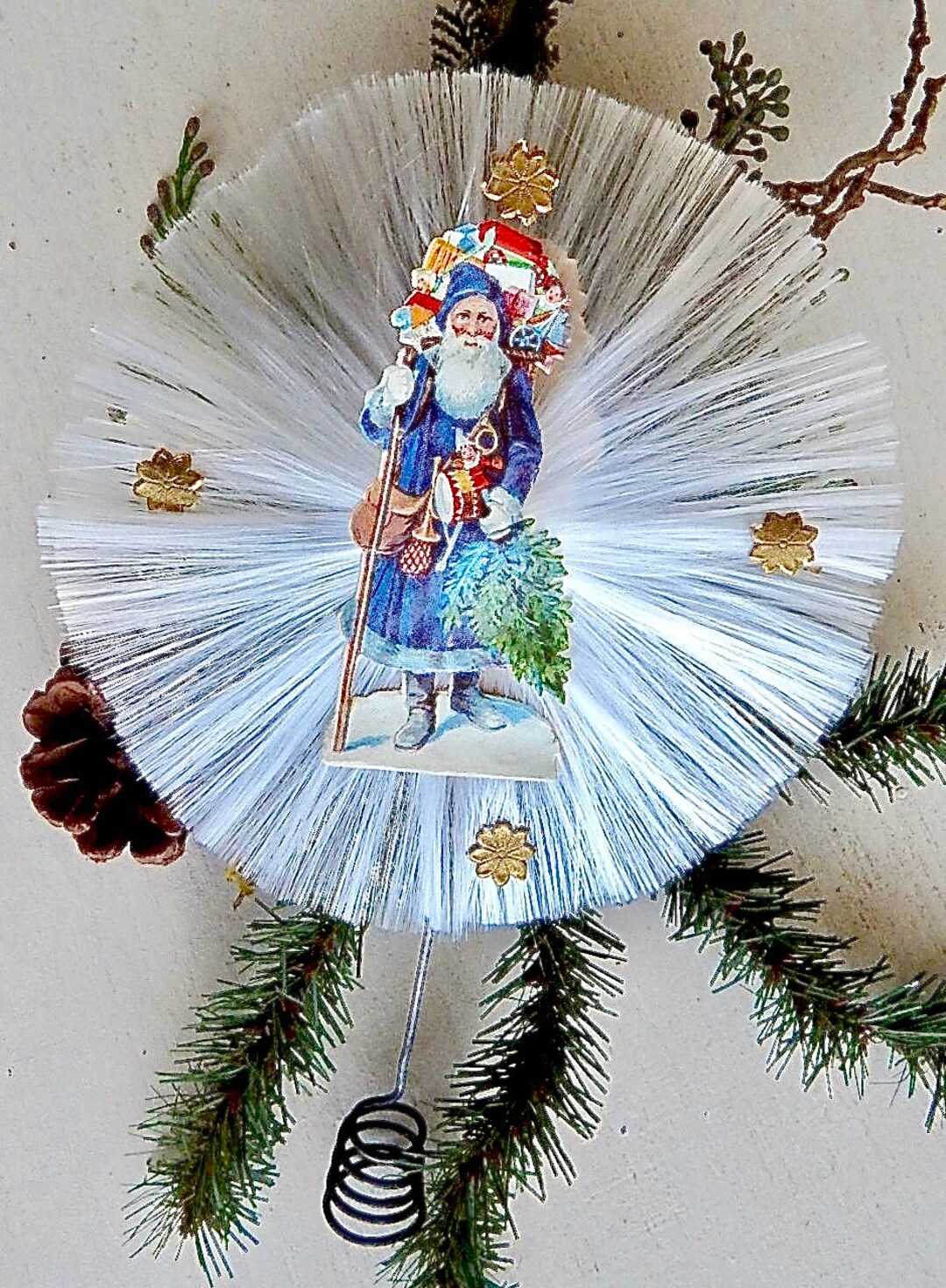 Vintage Style Spun Glass German Christmas Tree Topper W/santa Scrap - Etsy