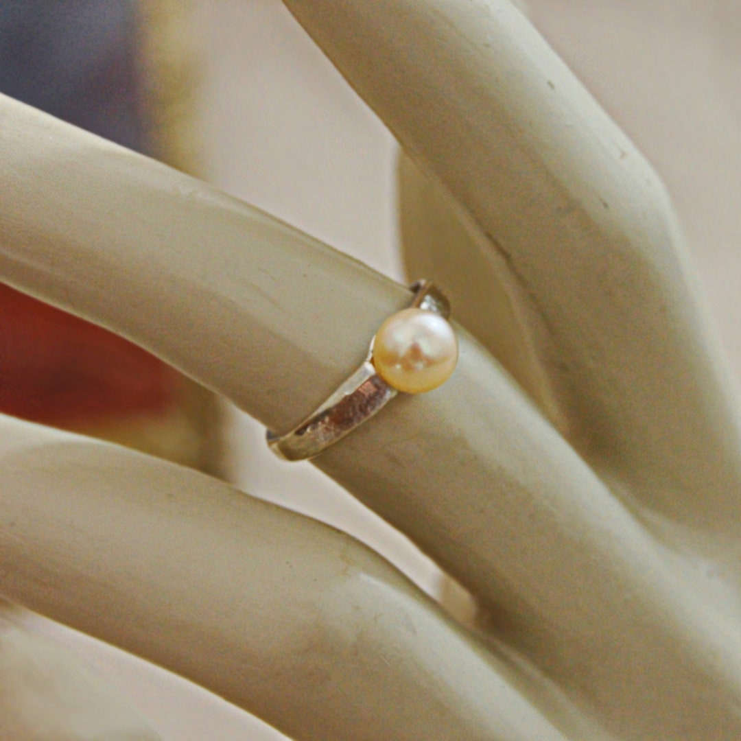 Nerola - Simple Pearl Ring Set in Hammered Sterling Silver Setting ...