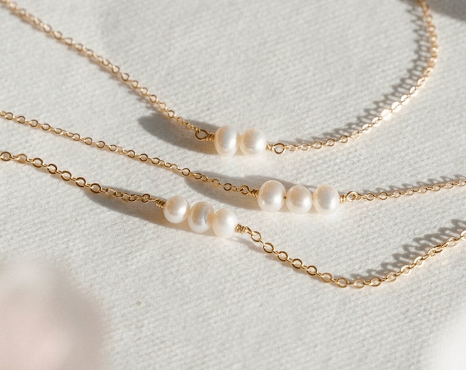 Gold Pearl Necklace, Five Pearl Bar Necklace Gold Filled, Pearl ...