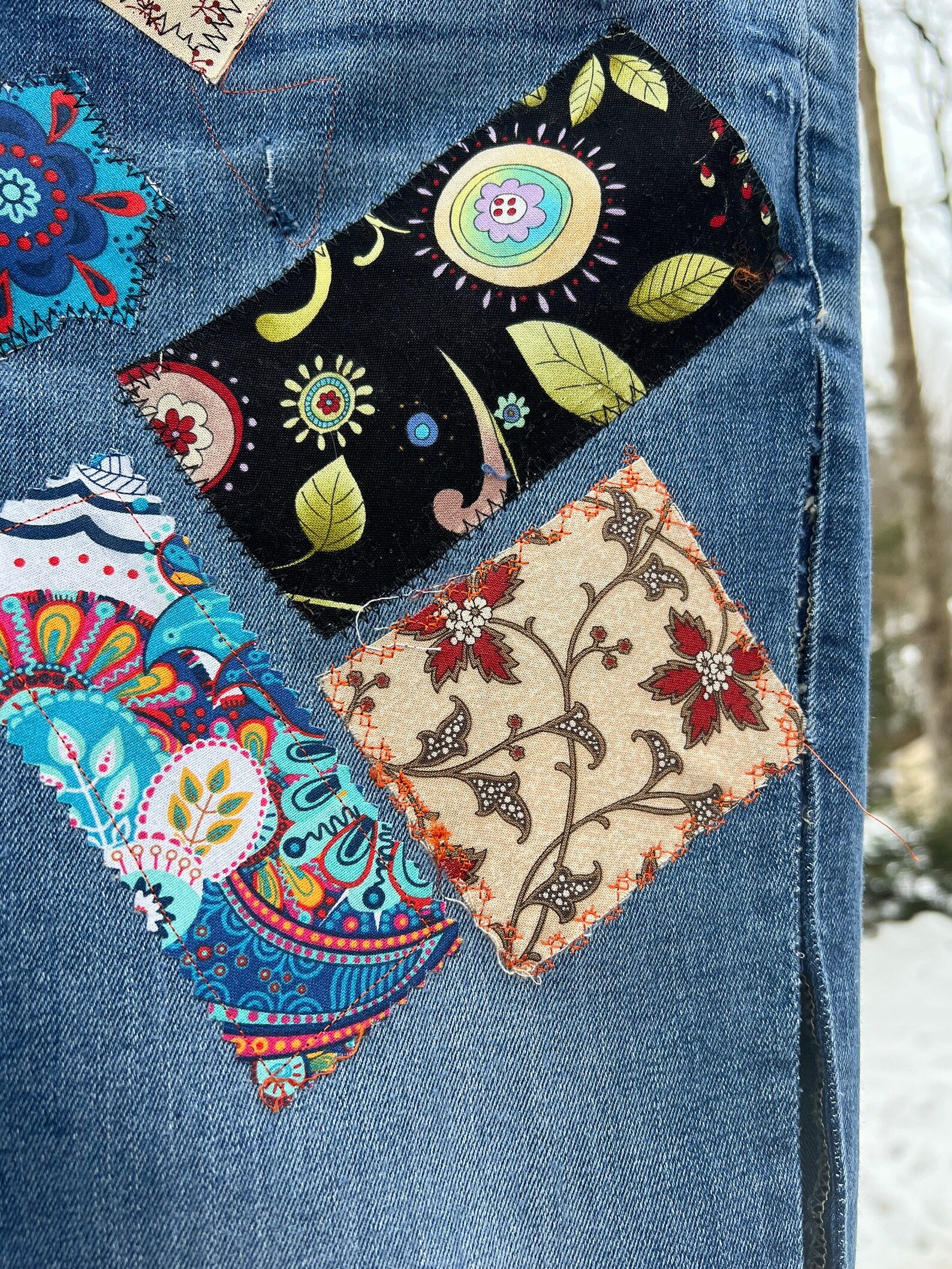 Denim Skirt Upcycled Patched Machine Embroidered Made From Jeans Sz 16/ ...