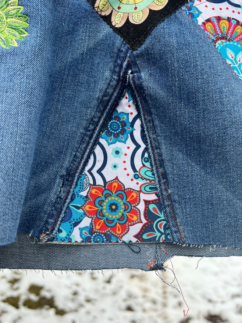 Denim Skirt Upcycled Patched Machine Embroidered Made From Jeans Sz 16/ ...
