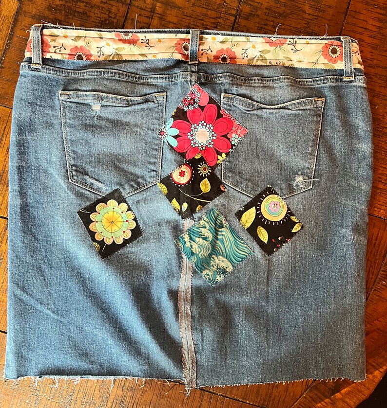 Denim Skirt Upcycled Patched Machine Embroidered Made From Jeans Sz 16/ ...