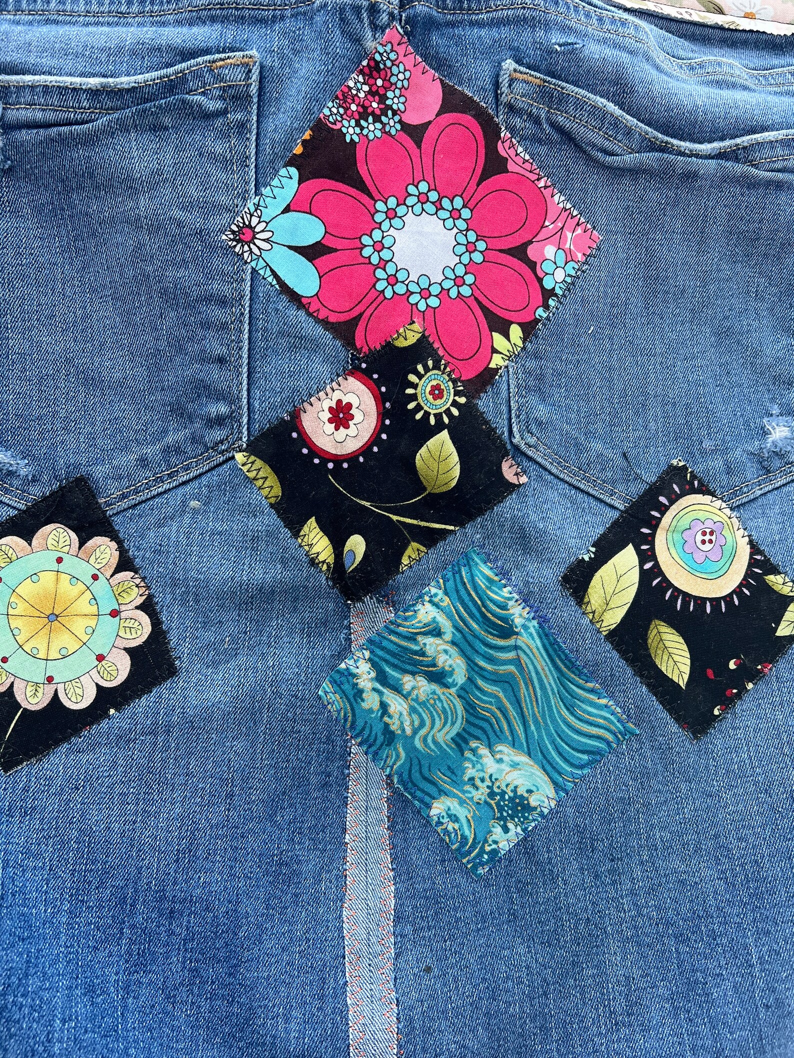 Denim Skirt Upcycled Patched Machine Embroidered Made From Jeans Sz 16/ ...