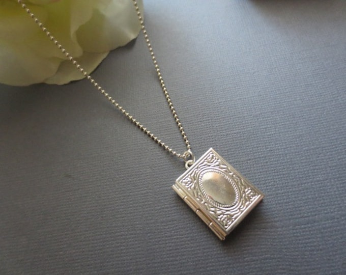 Silver Book Locket Necklace in STERLING SILVER Ball Chain-book Necklace ...